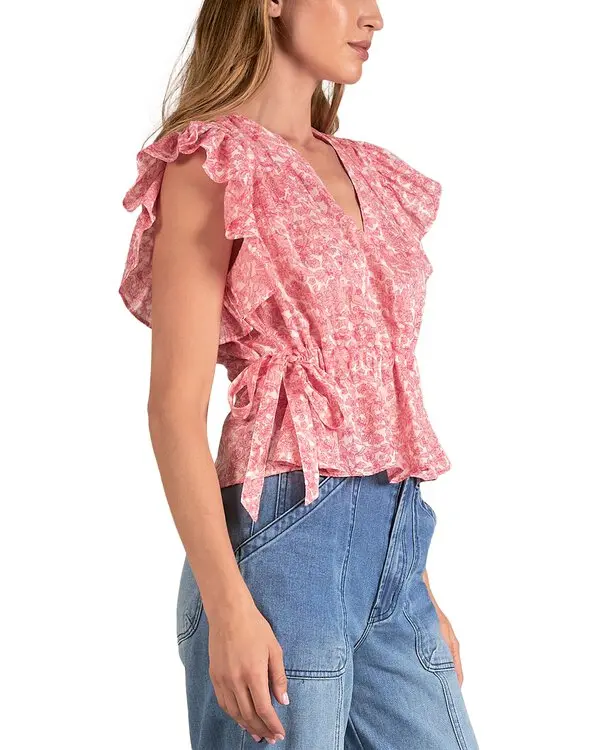 Elan Floral Ruffle Sleeve Side Tie Top