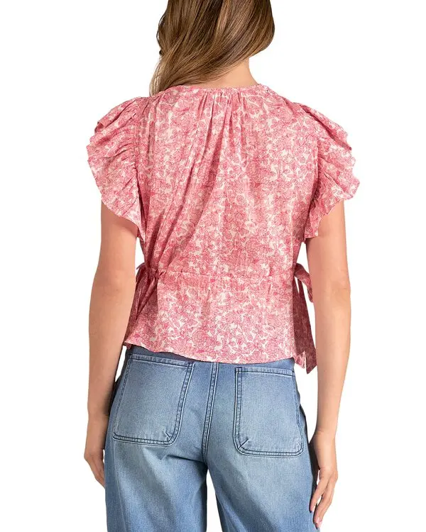 Elan Floral Ruffle Sleeve Side Tie Top