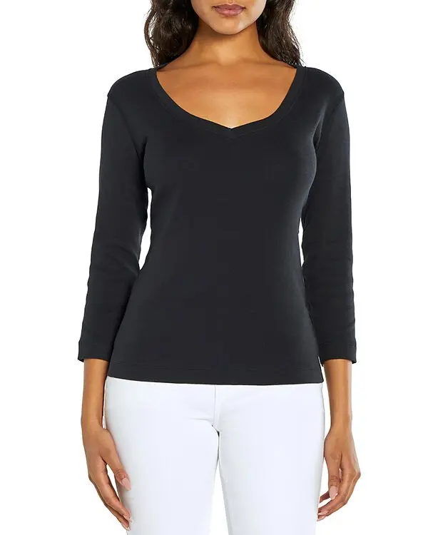 Three Dots Cotton V-neck Tee - Black