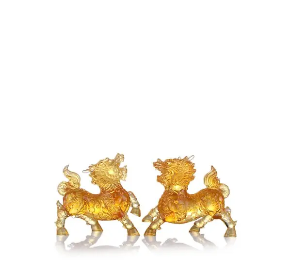 LIULI Benevolent Fortune Qilin Crystal Sculpture, Set Of 2 - Amber