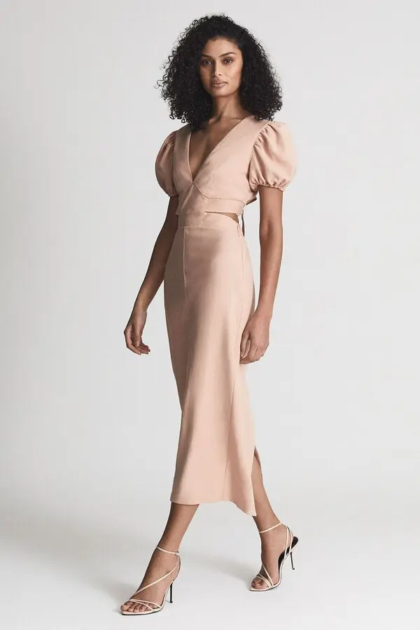 Reiss Jennah Puff Sleeve Cut Out Back Midi Dress In Peach - 67% Off |  Editorialist