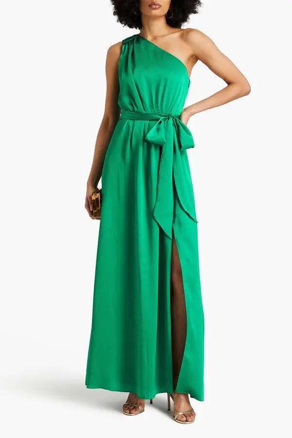 Monique Lhuillier One-Shoulder Hammered-Satin Maxi Dress In Jade - 65% Off  | Editorialist