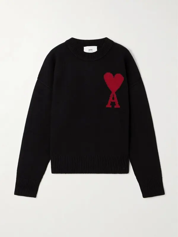 AMI Paris Net Sustain Adc Intarsia Wool Sweater - Black