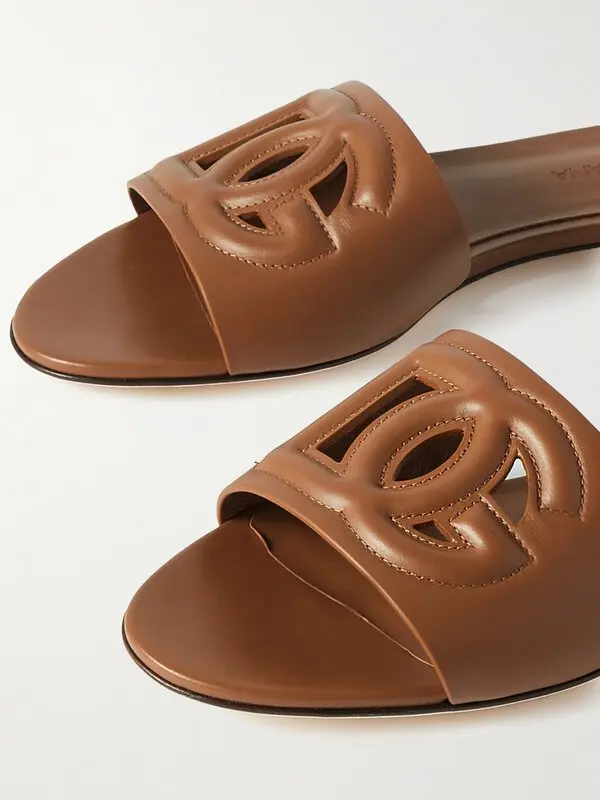 Dolce & Gabbana Bianca Cutout Leather Slides - Brown