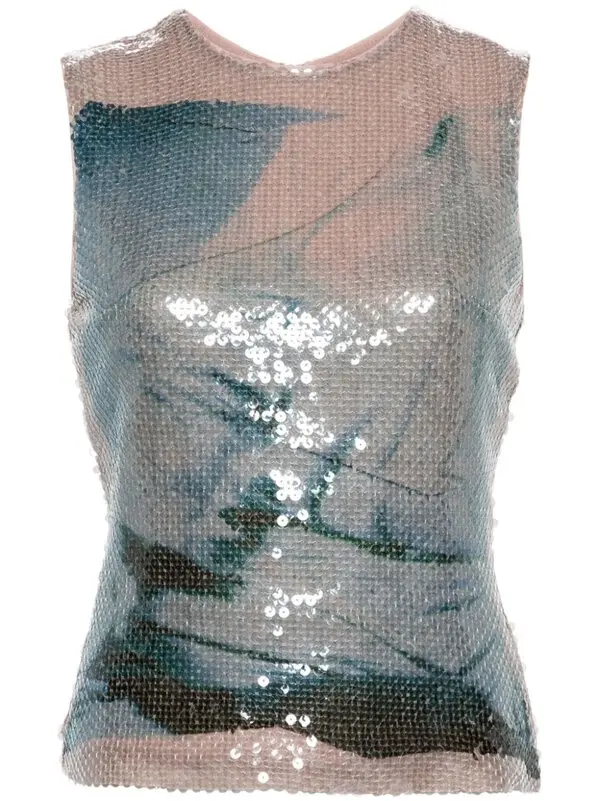 16Arlington Nage Abstract-print Sequinned Top - Blue