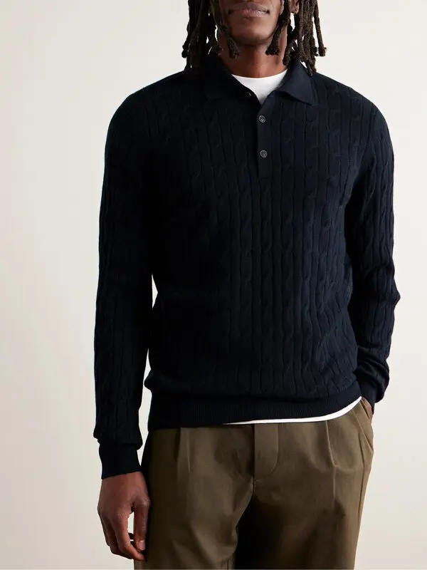 GHIAIA Cable-knit Cashmere Polo Shirt