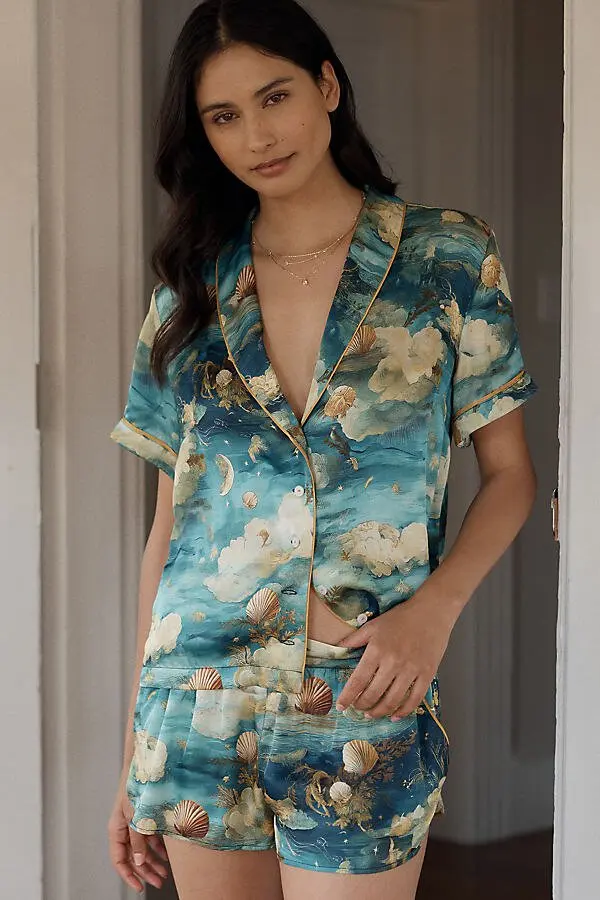 LYREBIRD Silky Pajama Shorts - Blue Pattern