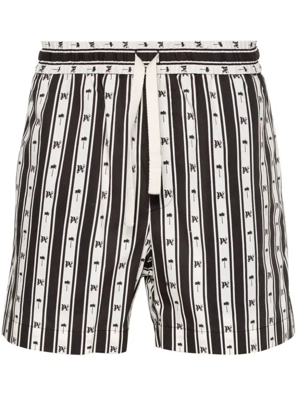 Palm Angels Monogram-print Striped Thigh-length Shorts - Neutrals