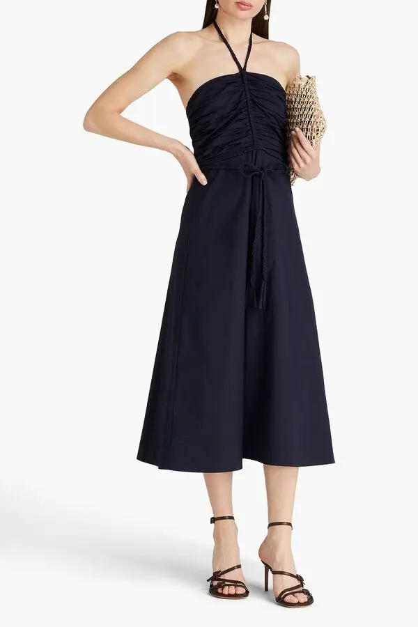 Veronica Beard Tucker Ruched Halterneck Midi Dress