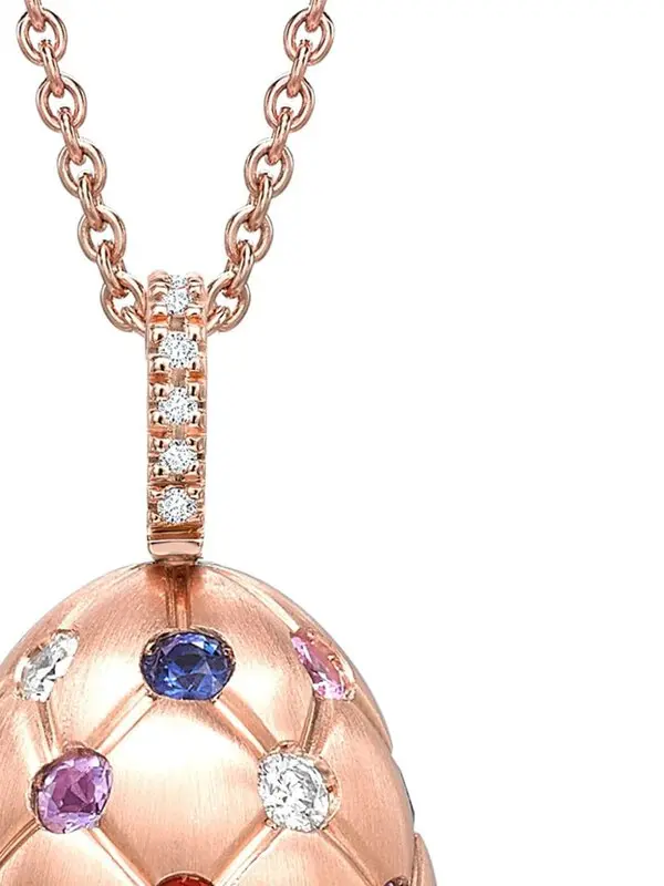Faberge 18kt Rose Gold Treillage Egg Multi-stone Pendant Necklace