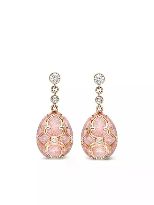 Faberge 18kt Rose Gold Heritage Egg Diamond Drop Earrings - Pink