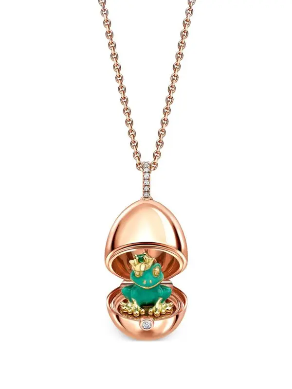 Faberge 18kt Rose Gold Essence Frog Surprise Diamond Locket Necklace - Green