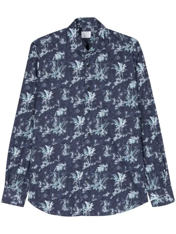 MAZZARELLI Botanical-print Cotton Shirt - Blue