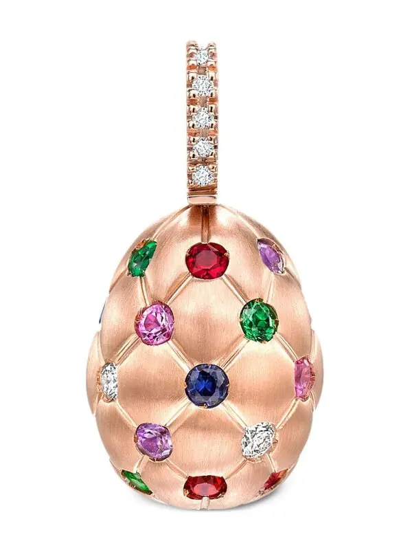 Faberge 18kt Rose Gold Treillage Egg Multi-stone Pendant - Pink
