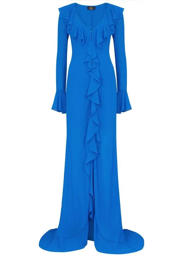 De La Vali Tangerine Ruffled Georgette Maxi Dress - Blue | Editorialist