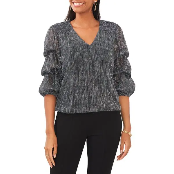 Chaus Metallic Lantern Sleeve Top - Black/silver