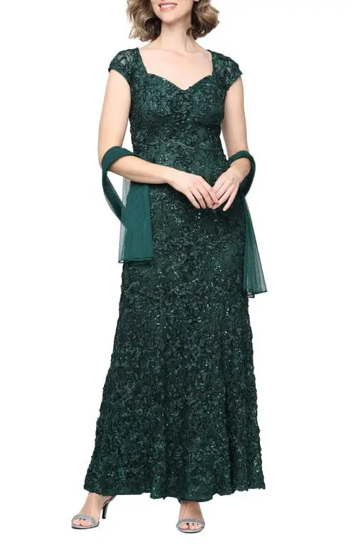 Alex Evenings Soutache Sequin Lace A-line Gown With Wrap - Pine