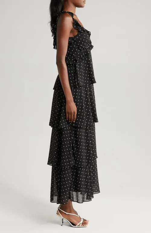 Lydia Maxi Lace And Beads Polka Dot Dress NWT Mac Duggal Black Rhinestone  Spaghetti Straps V-