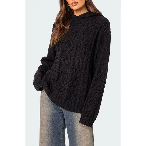 EDIKTED Oversized Cable Knit Hoodie - Black