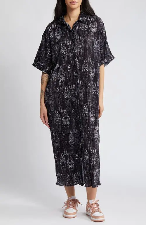 DRESSED IN LALA Printed Plissé Shirtdress