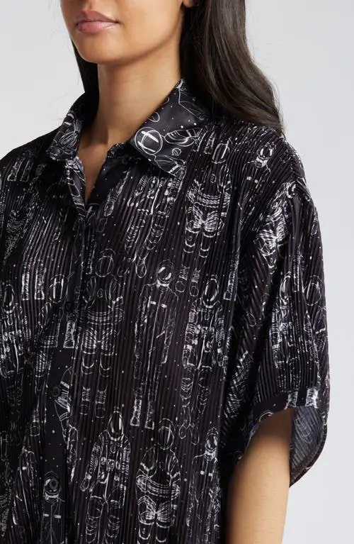 DRESSED IN LALA Printed Plissé Shirtdress