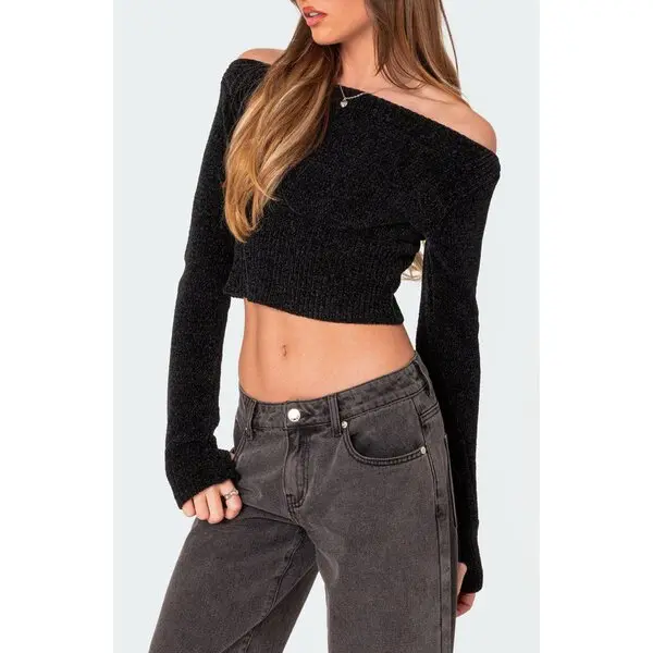 EDIKTED Farrah Off The Shoulder Crop Top - Black