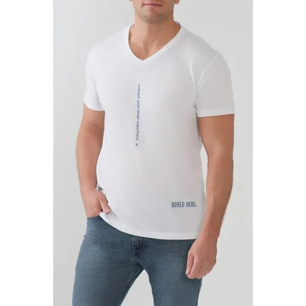 BORED REBEL Unleash Your Inner Superhero V-neck Graphic Undershirt - White