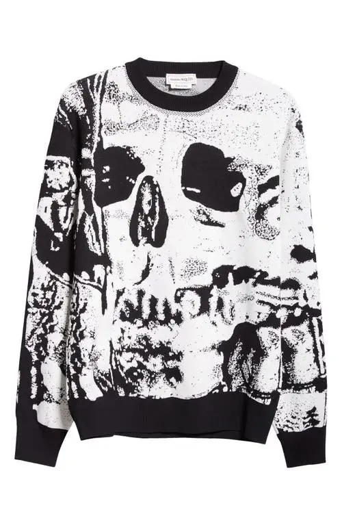 Alexander Mcqueen Fold Skull Jacquard Crewneck Sweater In Ivory