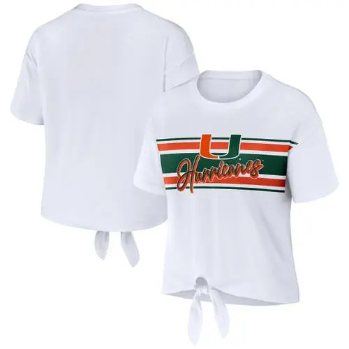 WEAR BY ERIN ANDREWS Miami Hurricanes Striped Front Knot Cropped T-shirt - White
