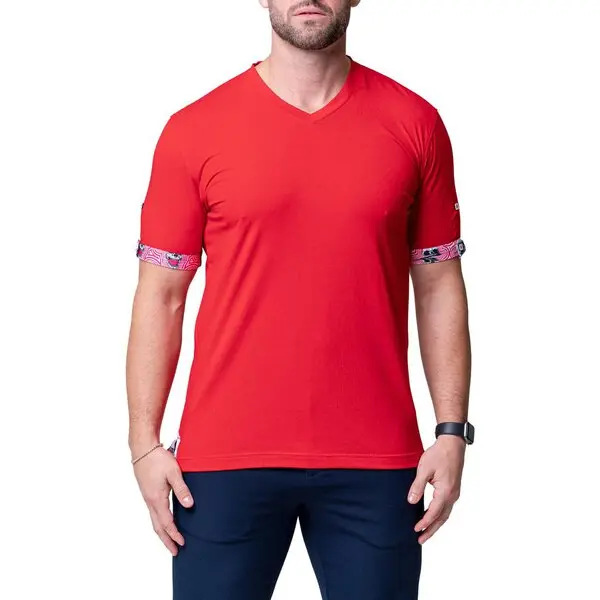 MACEOO Vivaldi Solid Ripple V-neck Cotton T-shirt - Red