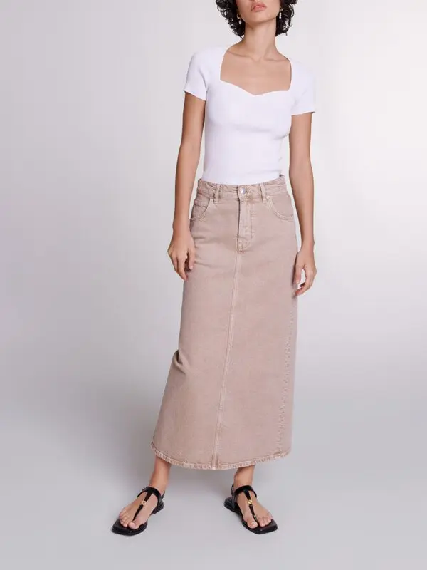 Maje High-waisted Maxi Denim Skirt With Leather Logo Detail - Brown