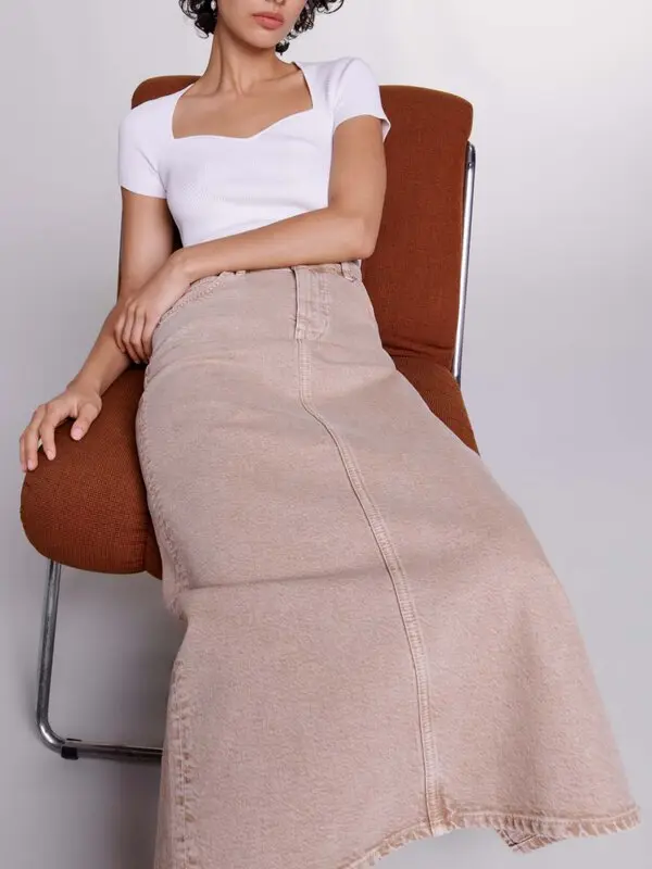 Maje High-waisted Maxi Denim Skirt With Leather Logo Detail