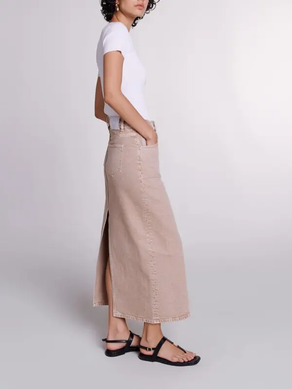 Maje High-waisted Maxi Denim Skirt With Leather Logo Detail