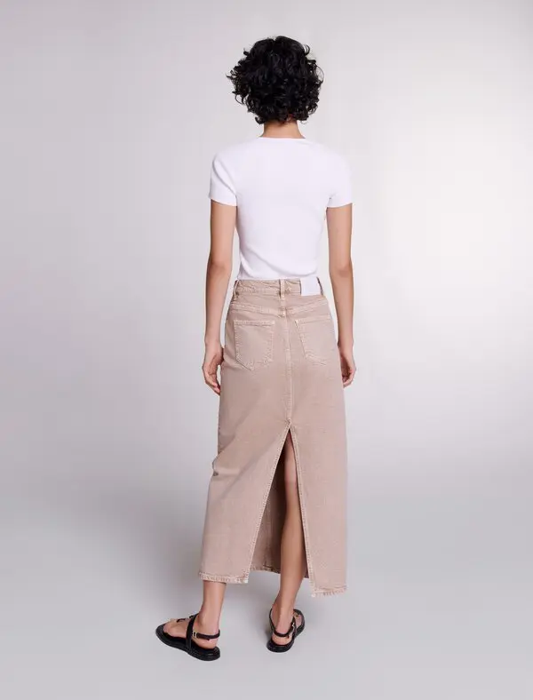Maje High-waisted Maxi Denim Skirt With Leather Logo Detail