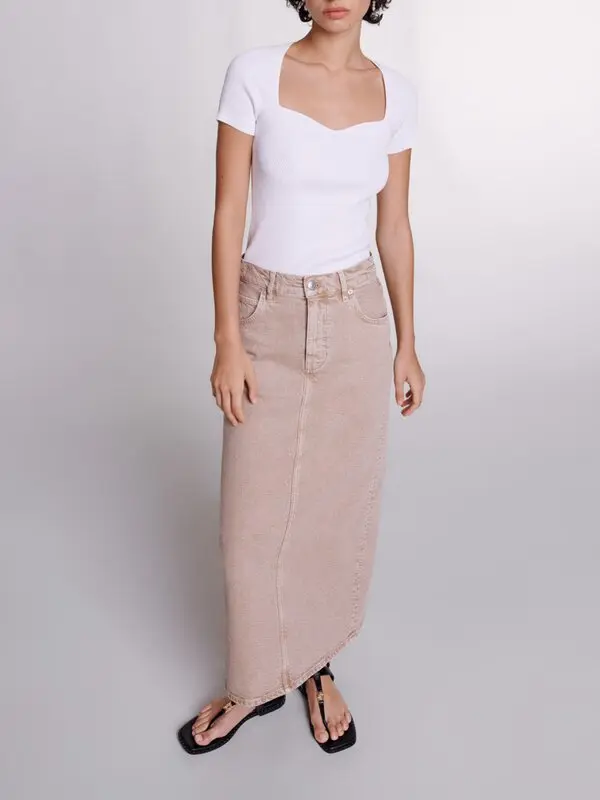 Maje High-waisted Maxi Denim Skirt With Leather Logo Detail