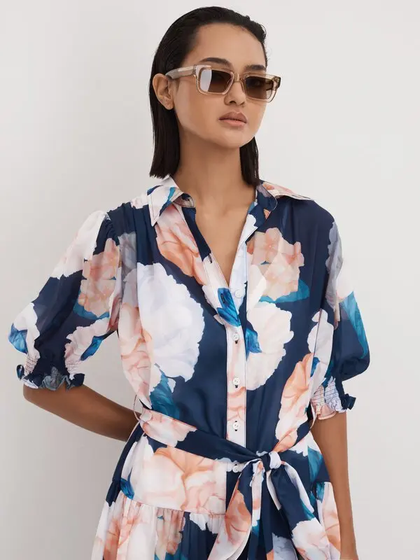Leo Lin Ellie Printed Bishop Sleeve Midi Dress In Rosebud Print Navy - 63%  Off | Editorialist