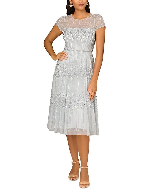 Aidan Mattox Short Sleeve Beaded Midi Dress In Snowglobe - 70% Off