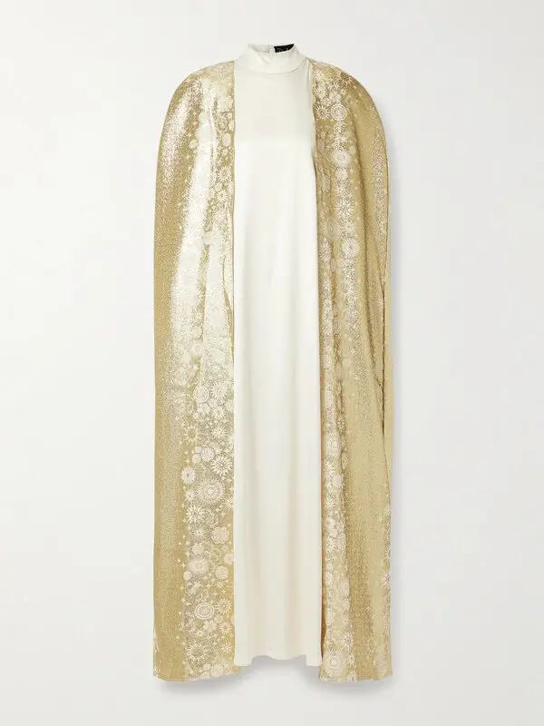 DIMA AYAD Satin Gown And Metallic Jacquard Cape Set - Neutrals