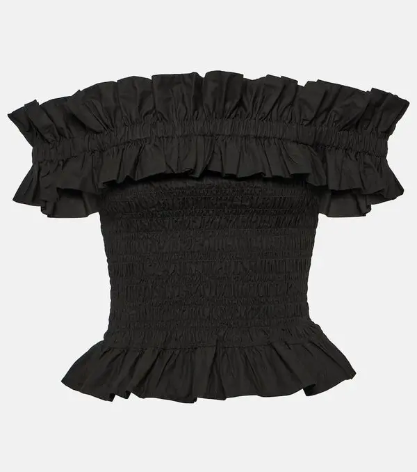 GANNI Smocked Off-shoulder Cotton Poplin Top