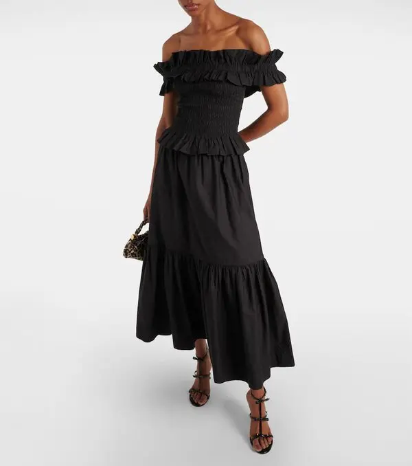 GANNI Smocked Off-shoulder Cotton Poplin Top