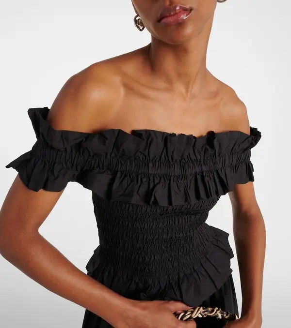 GANNI Smocked Off-shoulder Cotton Poplin Top