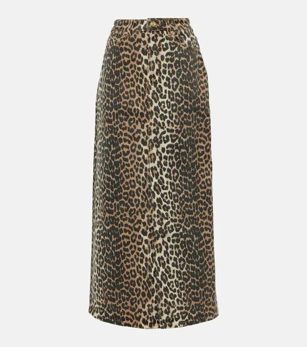 GANNI Leopard-print Maxi Denim Skirt - Brown