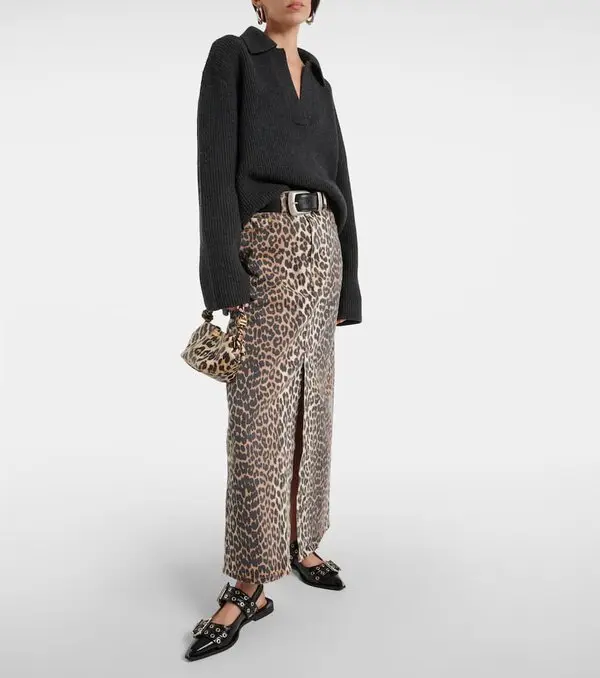 GANNI Leopard-print Maxi Denim Skirt - Brown