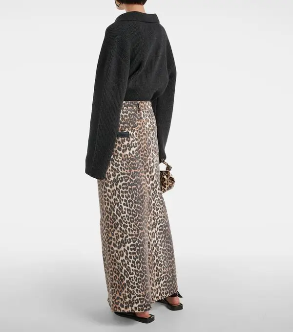 GANNI Leopard-print Maxi Denim Skirt - Brown