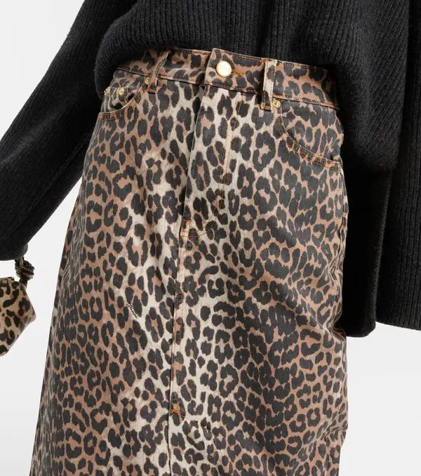 GANNI Leopard-print Maxi Denim Skirt - Brown