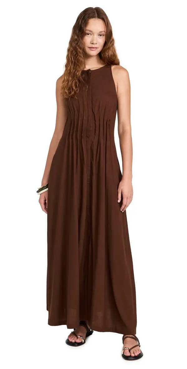 87origins Fehintola Pleated Linen Blend Maxi Dress - Chocolate |  Editorialist