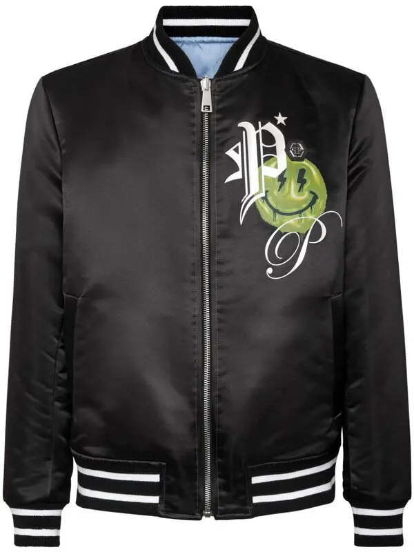 Philipp Plein Logo-print Satin Bomber Jacket - Blue
