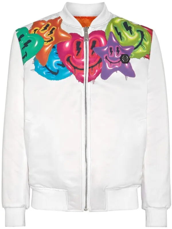 Philipp Plein Smile Satin Bomber Jacket - White