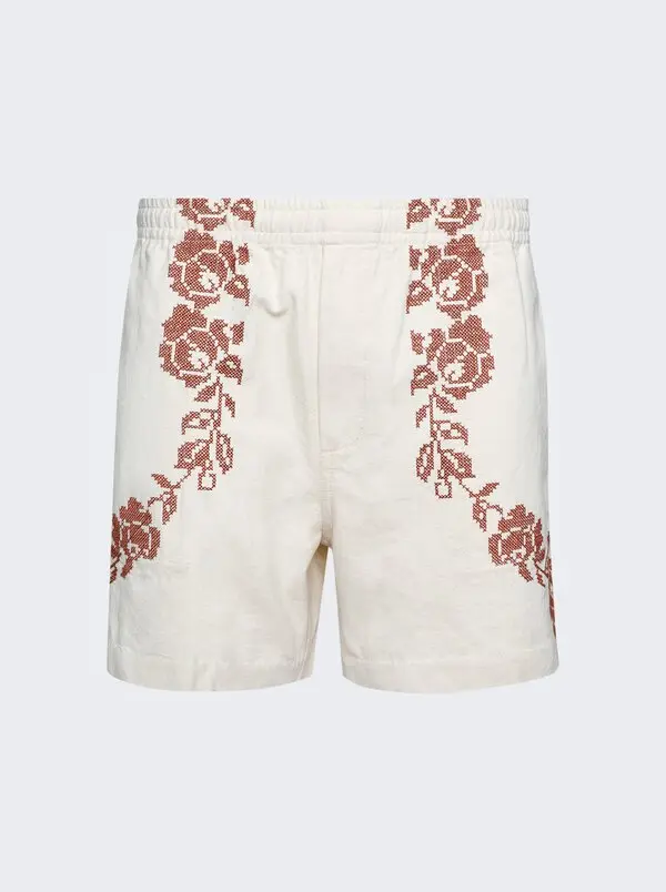 BODE Cross-stitched Rose Garland Shorts - Brown And White