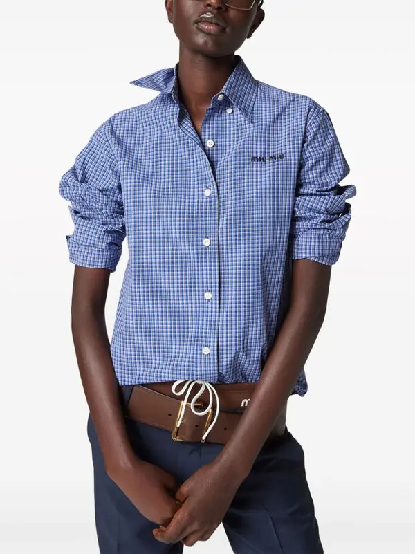 Miu Miu Checked Shirt With Embroidered Logo - Blue
